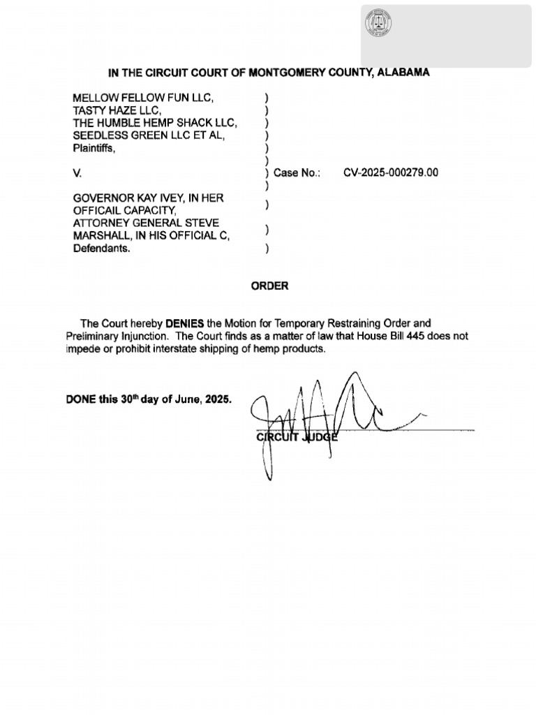 Hemp Lawsuit Restraining Order or Preliminary Injunction Denied | PDF
