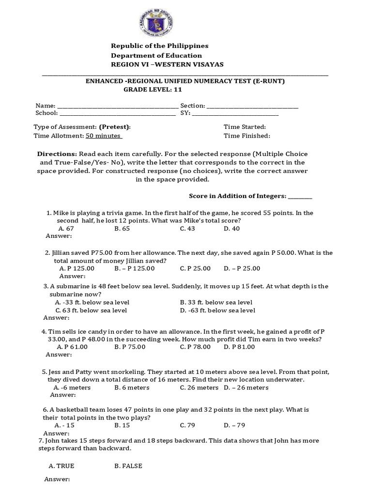 E RUNT Pre Test (Grade 11111) PDF | PDF | Underwater Diving