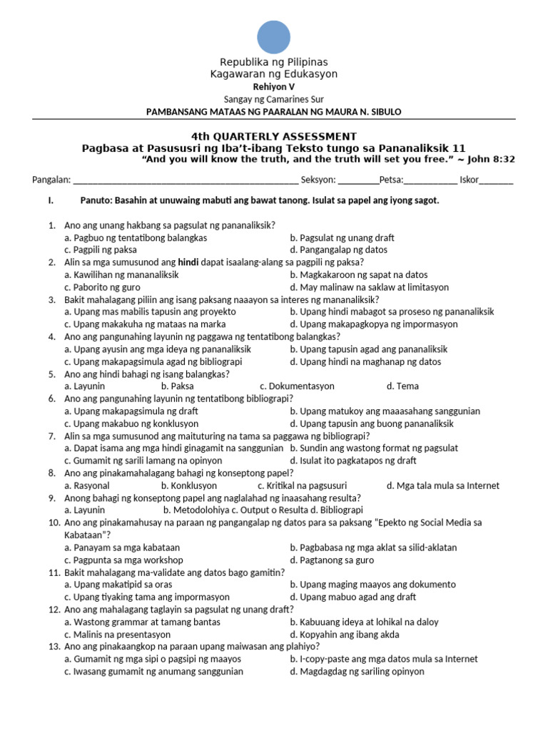 Pagbasa at Pagsusuri 4th Quarter | PDF