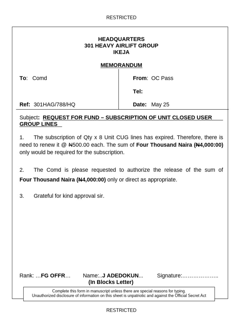 Memo - Subscription of Office Cug | PDF