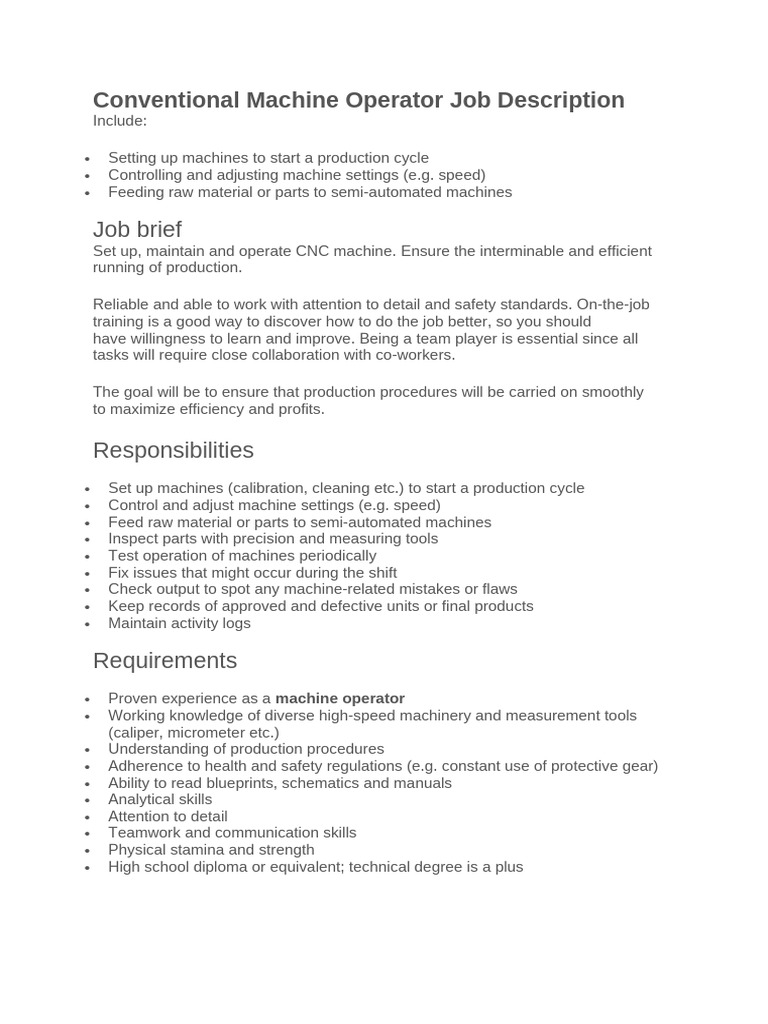 Conventional Machine Operator Overview | PDF