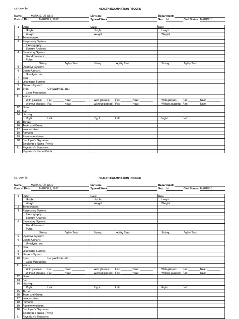Form 86 Annual Physical Exam Form | PDF | Glasses | Medical Specialties