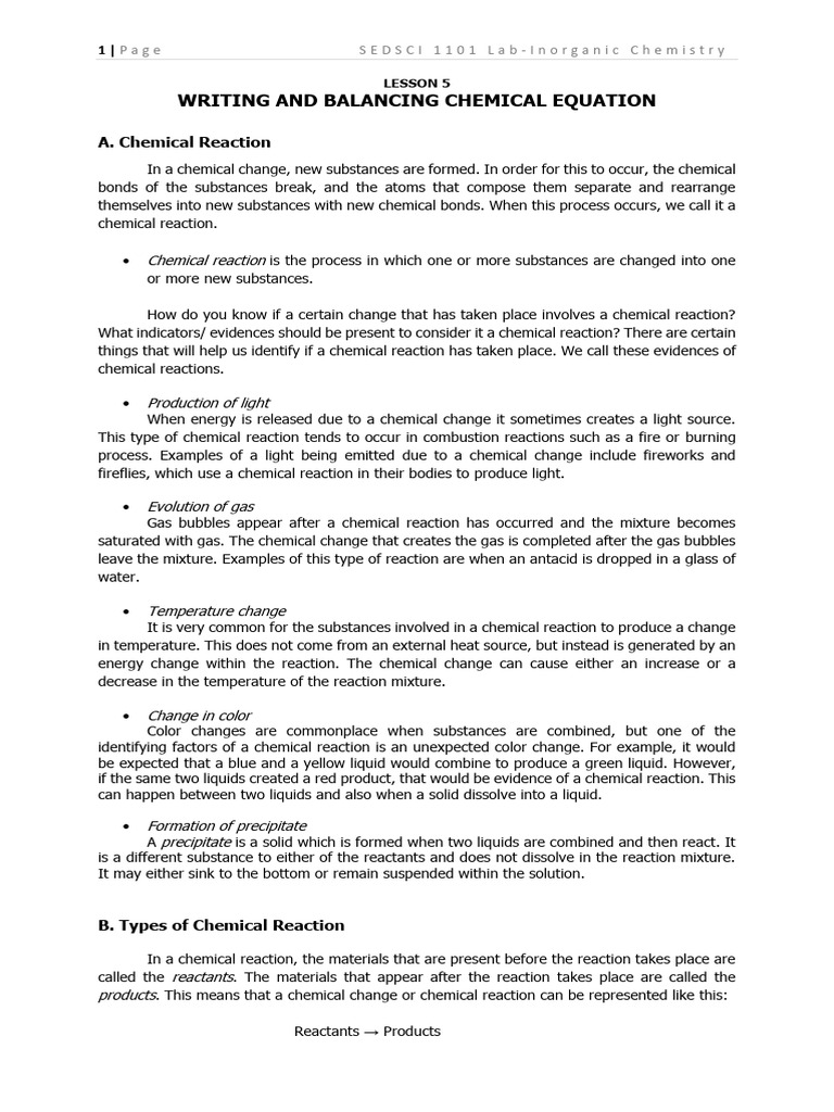 Lesson 5 - Writing and Balancing Chemical Equation | PDF | Chemical ...