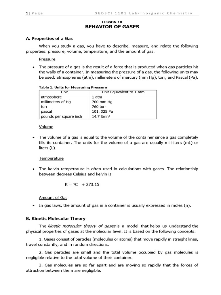 Lesson 10 - Behavior of Gases | PDF | Gases | Mole (Unit)