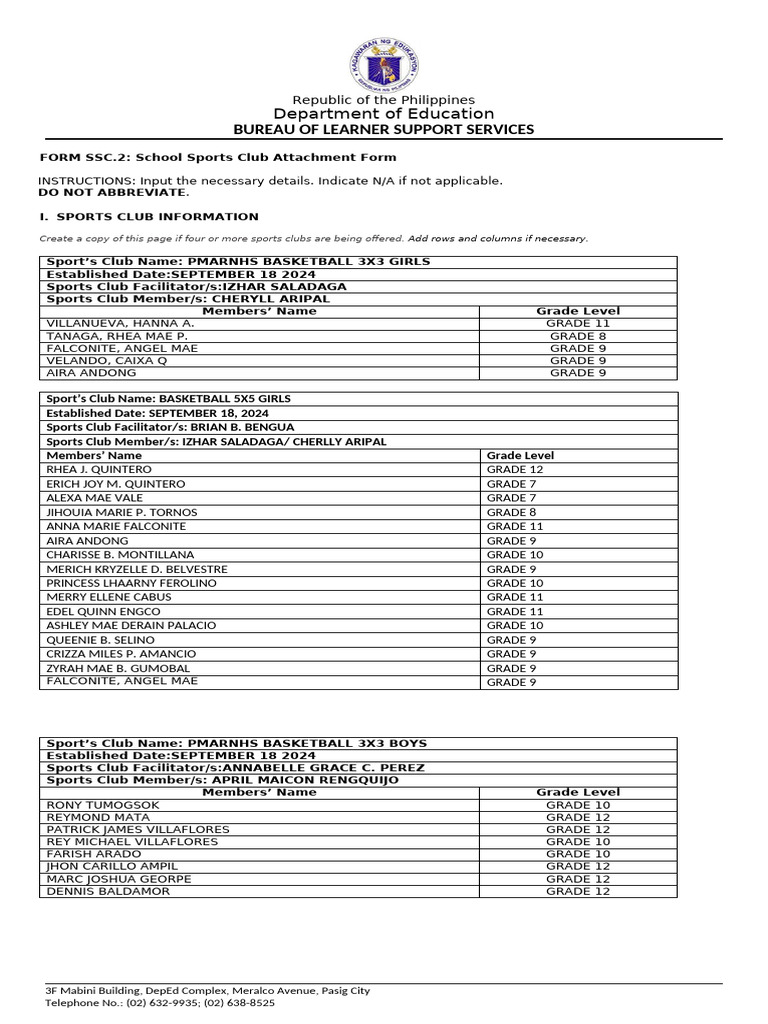 PMARNHS Sports Club Registration Form | PDF | Summer Sports | Summer ...