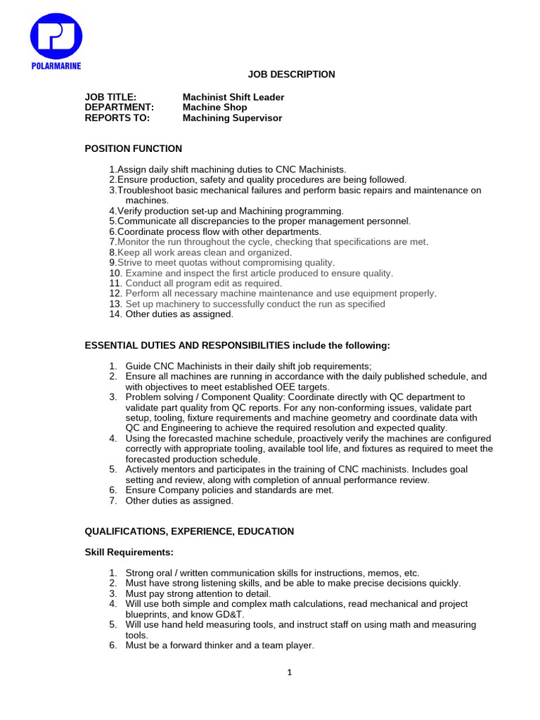 Machinist Shift Leader Job Description | PDF | Machinist | Numerical ...