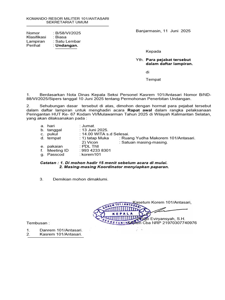 Und Rapat Awal Hut Kodam Ke-67 Ta 2025 | PDF