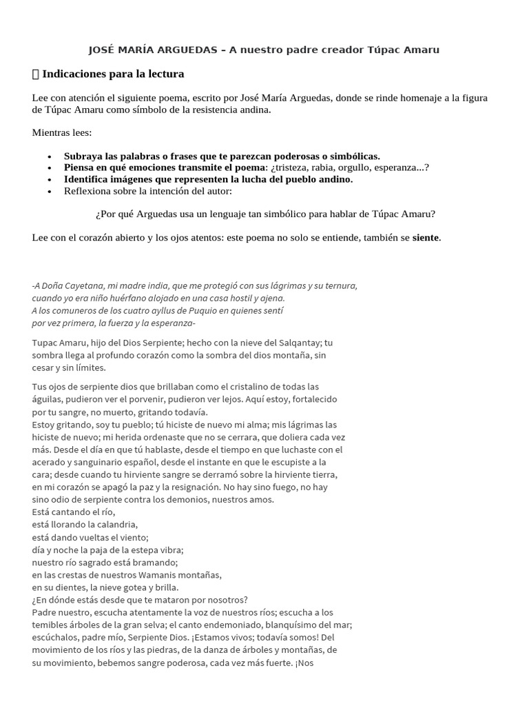 Lectura 1 - A Nuestro Padre Creador Túpac Amaru | PDF