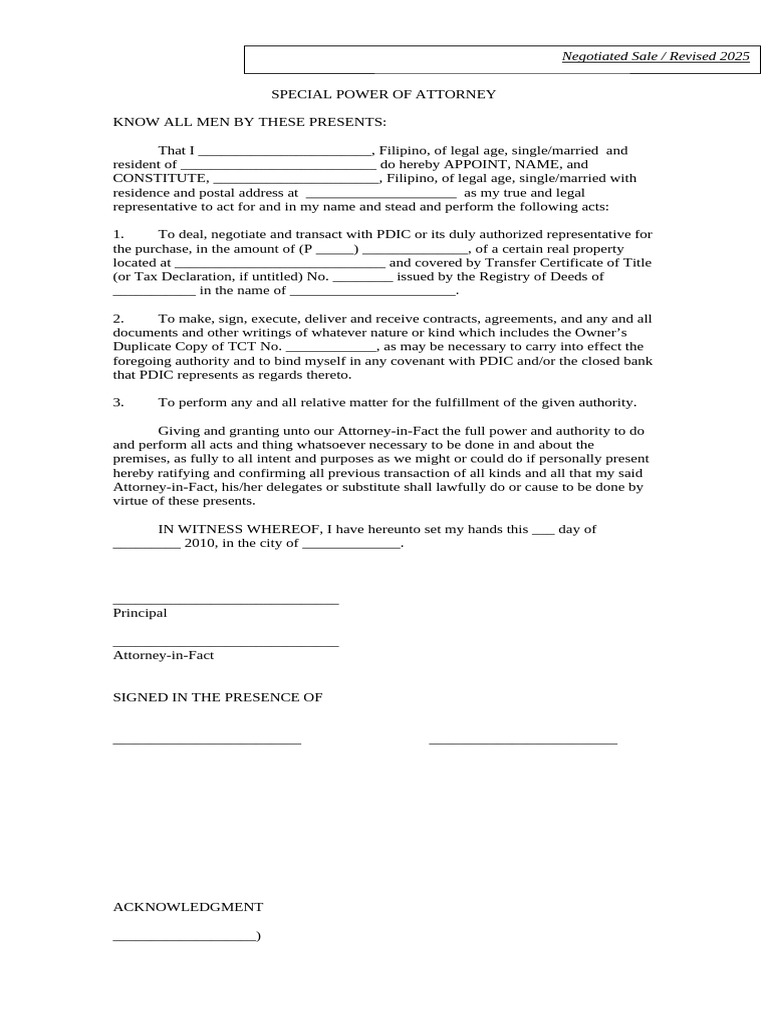 Special Power of Attorney Template | PDF | Power Of Attorney | Notary ...