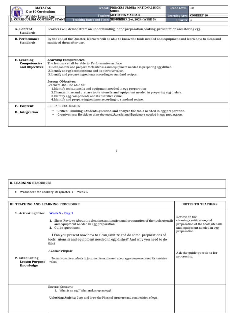 Dll-Cookery 10 Wk5 q1 | PDF | Teachers | Learning