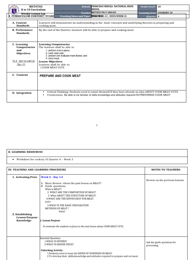 Dll-Cookery 10 WK4 Q4 | PDF | Learning | Teachers