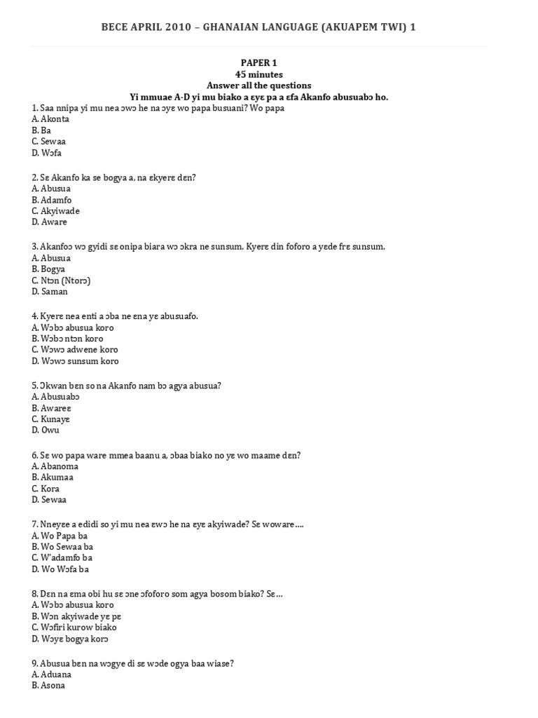 2010 Bece April - Ghanaian Language (Akuapem Twi) 1 | PDF