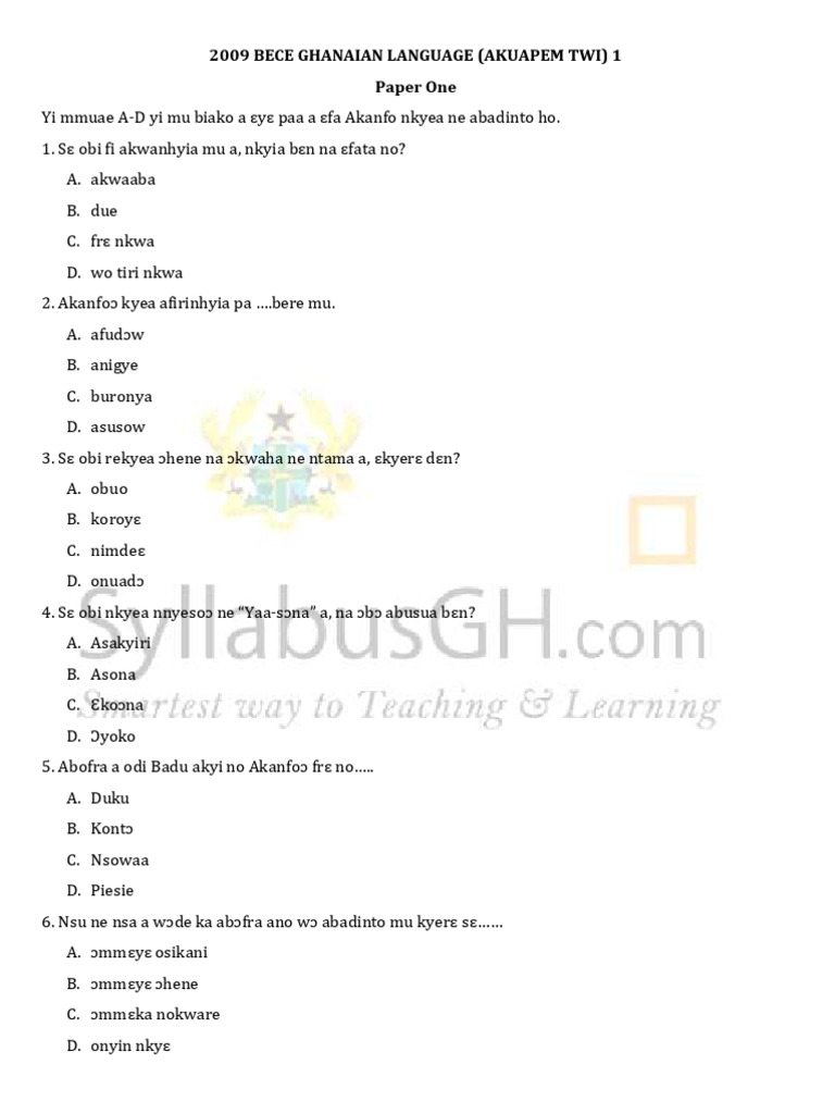 2009 Bece Ghanaian Language (Akuapem Twi) 1 | PDF