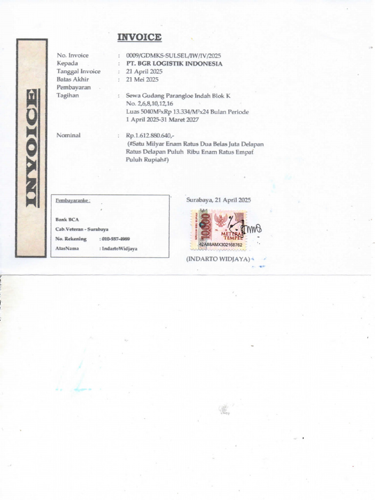 Invoice Sewa Gudang Blok K Periode 1 April 25 - 31 Maret 27 PT BGR ...