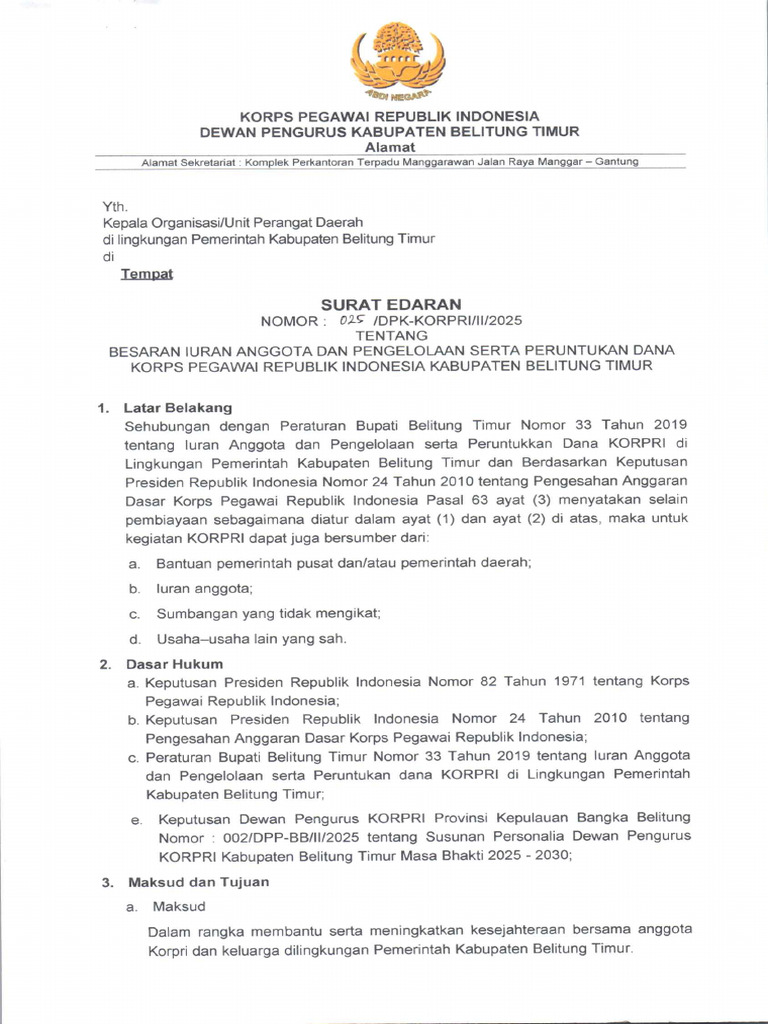 Surat Edaran KORPRI Tentang Besaran Iuran KORPRI 2025 | PDF