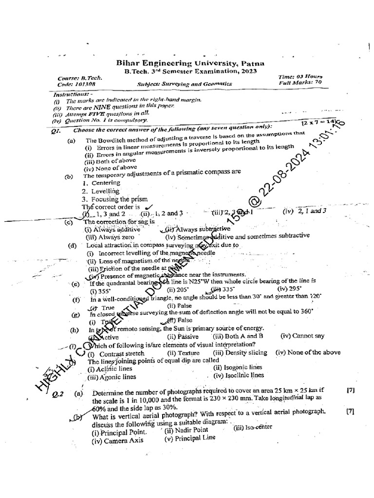 Btech Ce 3 Sem Surveying and Geomatics 101308 2023 | PDF
