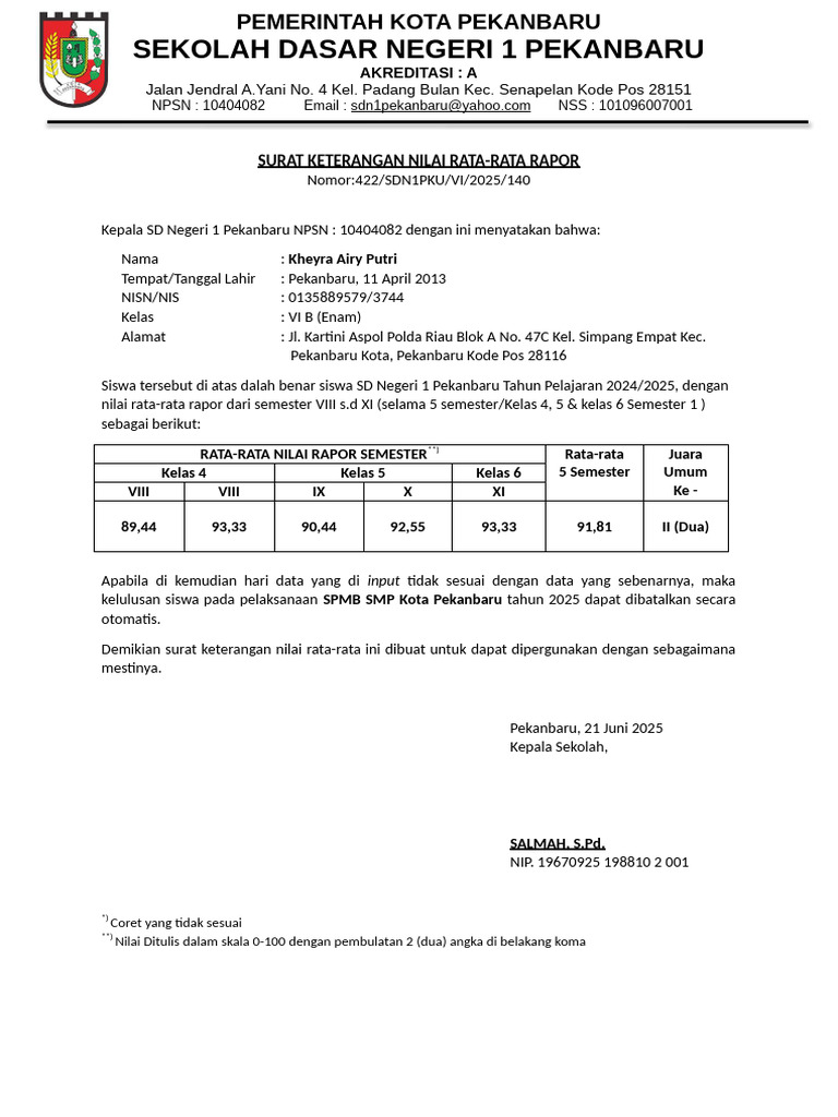 Surat Keterangan Rata-Rata Nilai Rapor | PDF