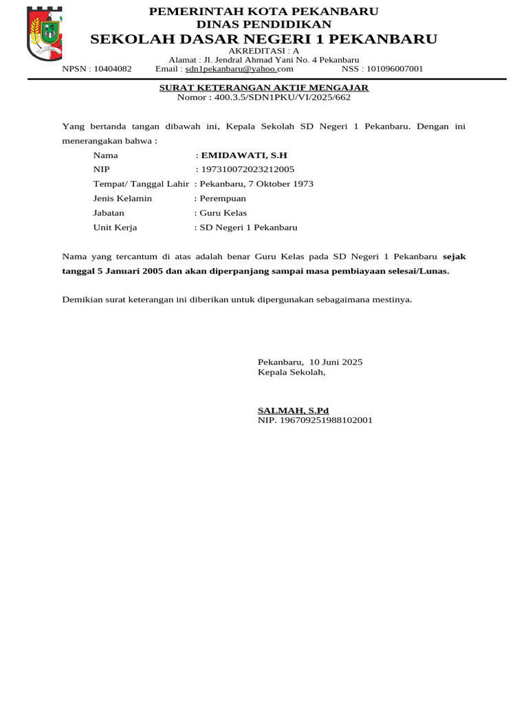 Surat Keterangan Aktif Mengajar Bu Emi | PDF