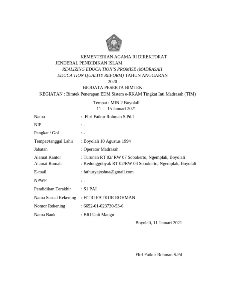 Biodata Peserta Bimtek | PDF