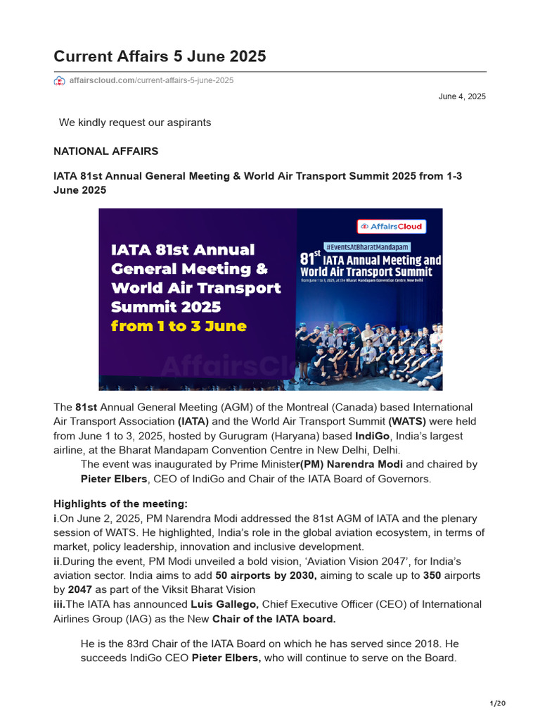 Current Affairs 5 June 2025 | PDF | World Trade Organization