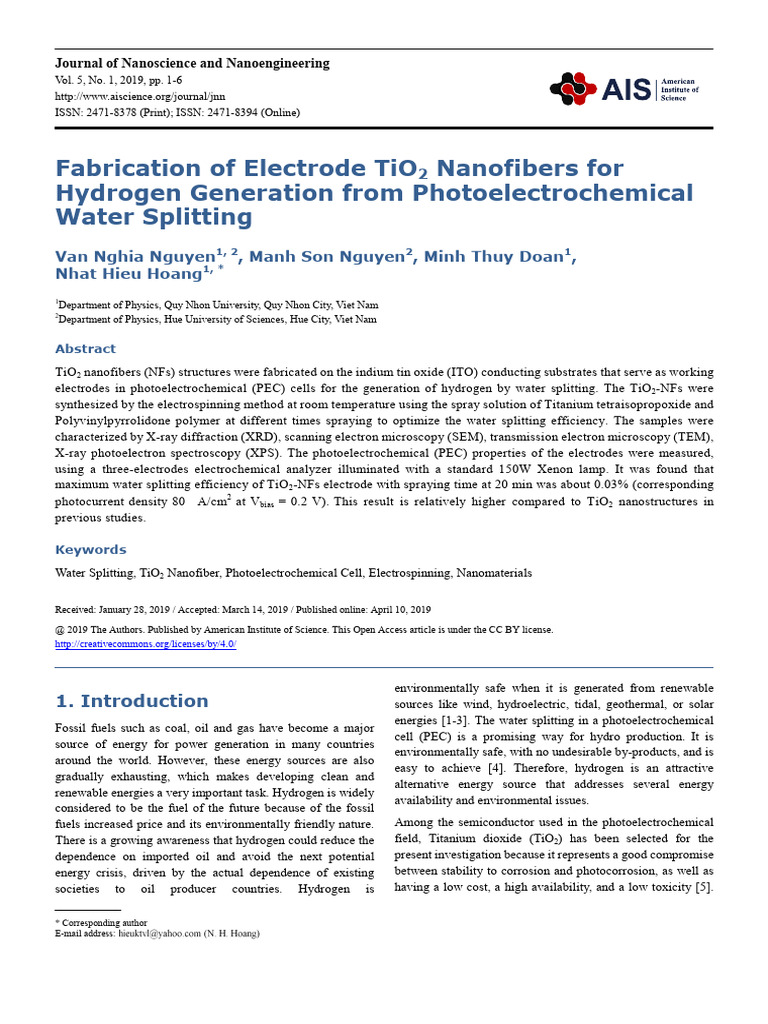 Fabrication of Electrode Tio Nanofibers For Hydrogen Generation From ...