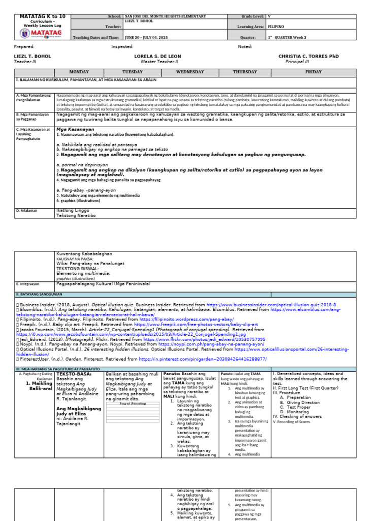 DLL - Filipino 5 - Q1 W3 Summative | PDF