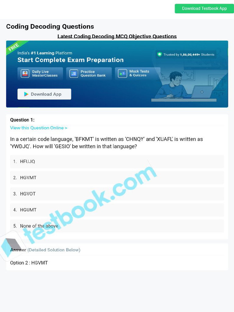 Mcq on Coding Decoding 5eea6a0e39140f30f369e4a4 | PDF