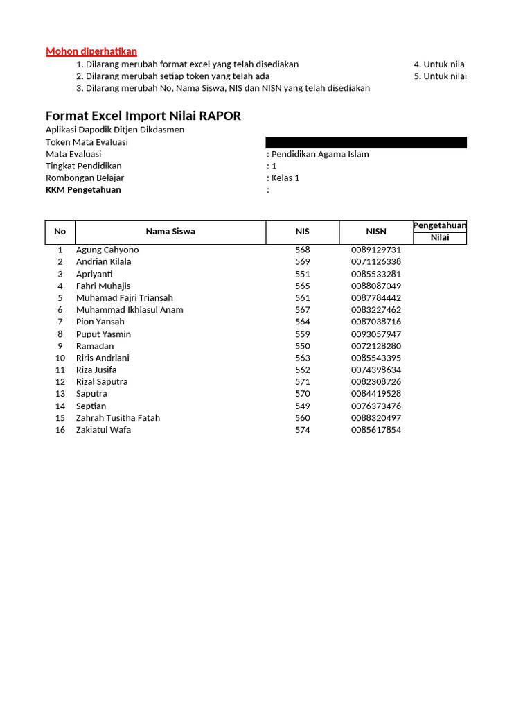 Format-Nilai-Rapor-20141-Kelas - 1-Pendidikan Agama Islam | PDF