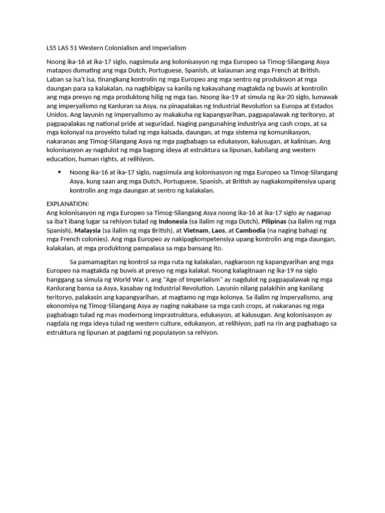 LS5 LAS 51 Western Colonialism and Imperialism | PDF
