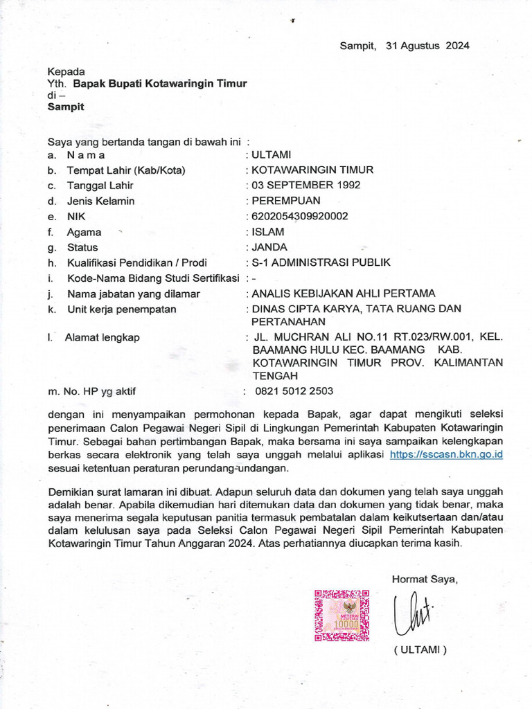 Surat Lamaran Ultami Ematrai | PDF