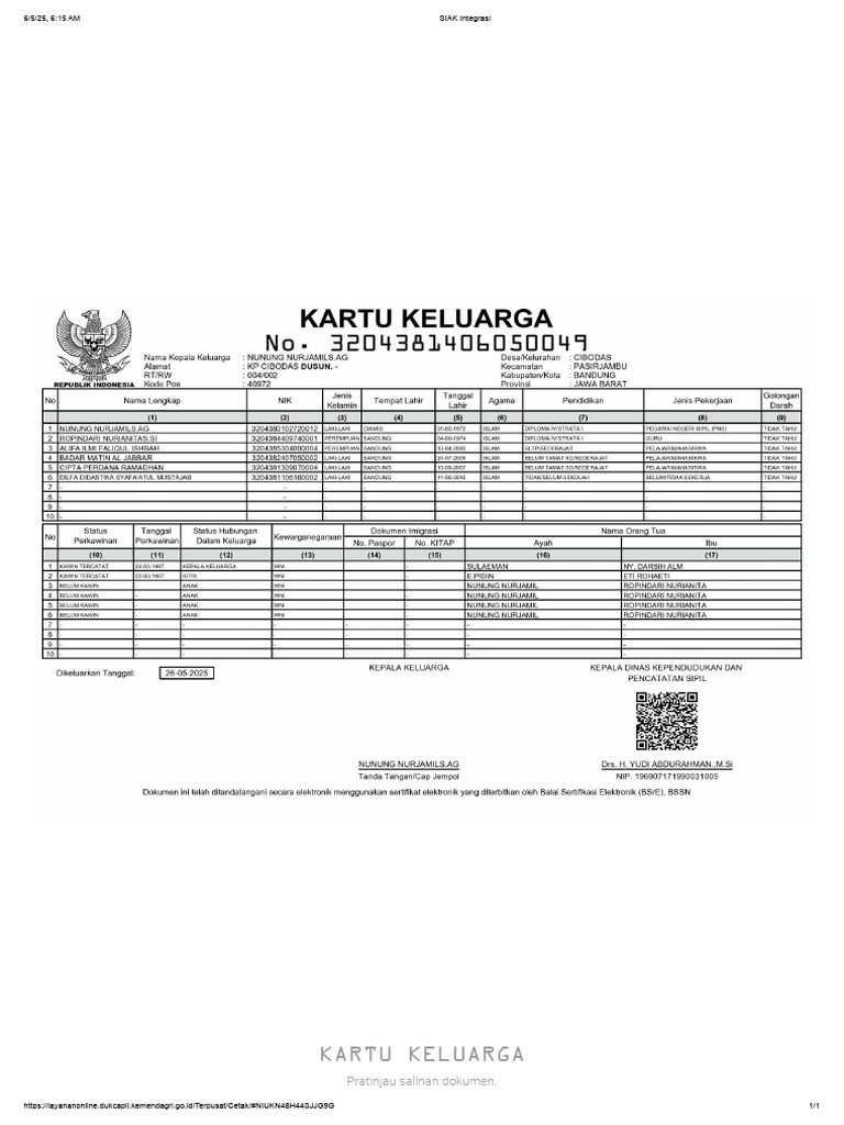 Contoh SIAK Integrasi KK BARCODE | PDF