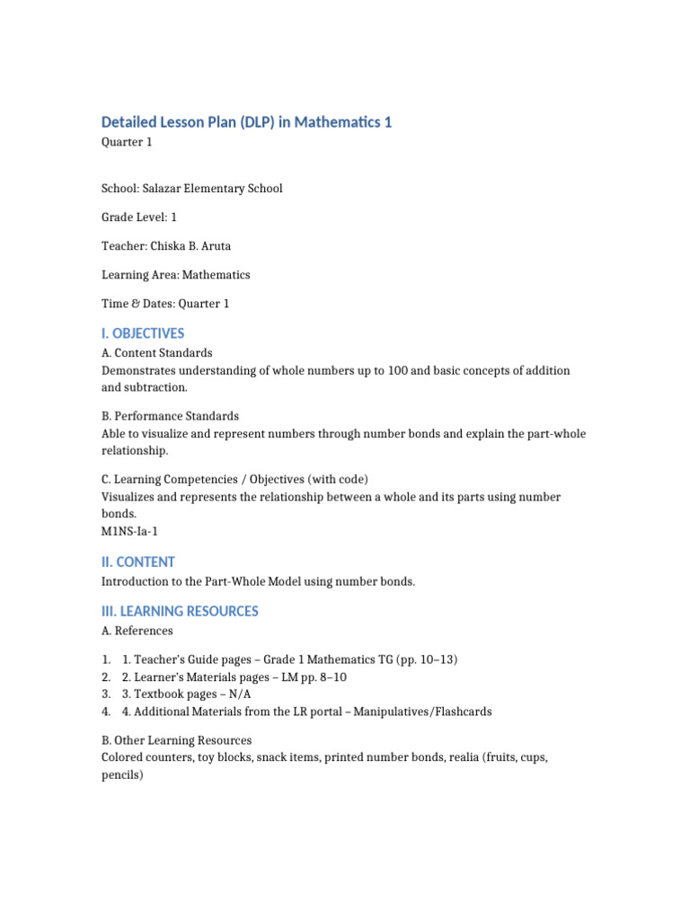 DLP Math1 PartWholeModel | PDF | Teachers | Learning