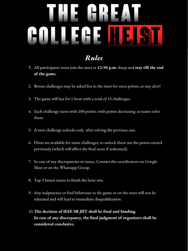 The Great College Heist - Rulebook | PDF