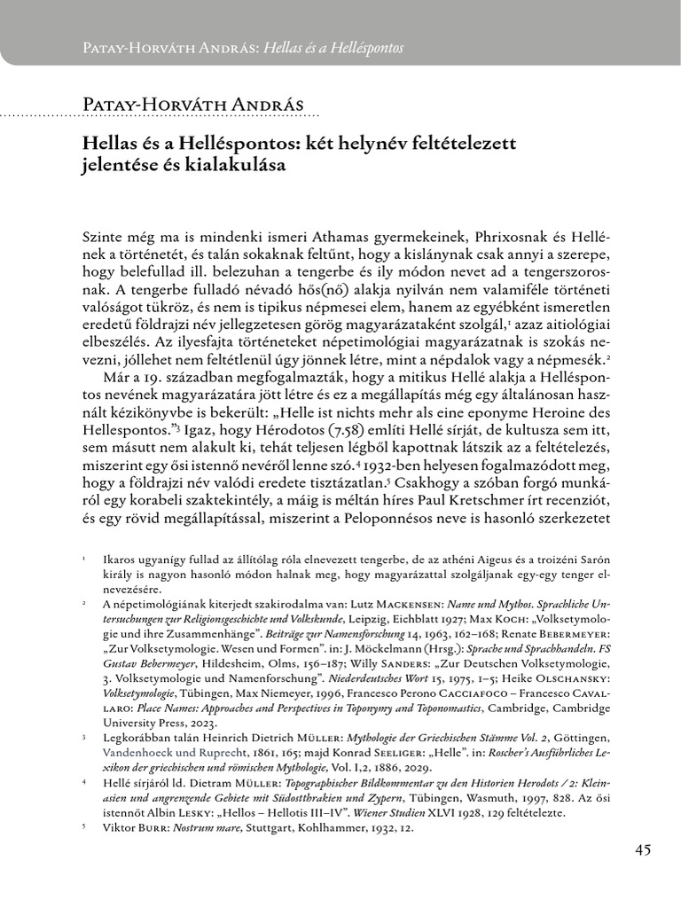 Hellas És A Helléspontos: Két Helynév Feltételezett Jelentése És Kialakulása | PDF