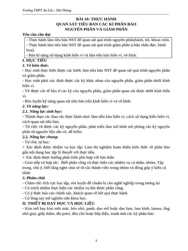 Sinh10.24.Thực Hành Nguyên Phân - Giảm Phân (2 Tiết) | PDF