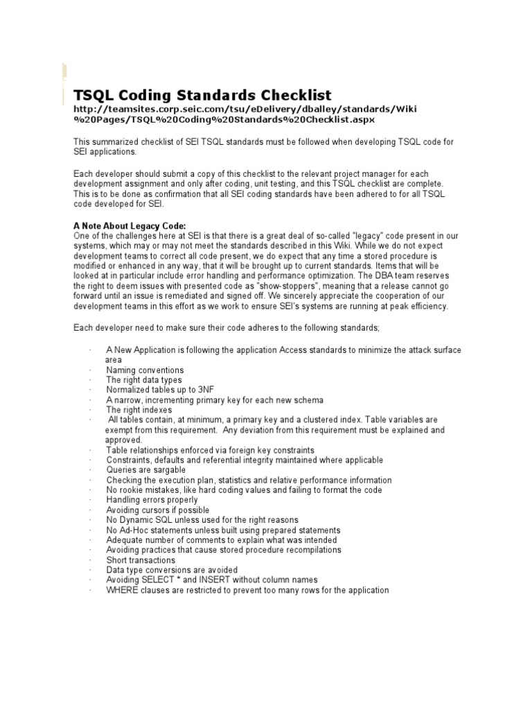 TSQL Coding Standards Checklist | PDF | Database Transaction | Database ...