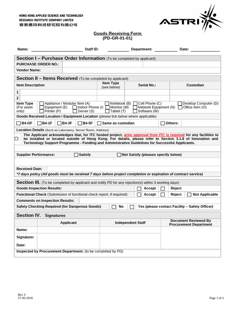 Goods Receiving Form 27 Mar 2018 | PDF | Computing | Computer Science