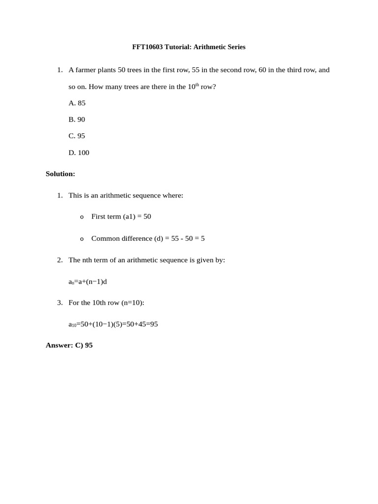 FFT10603 Tutorial - Arithmetic Series MCQ With Solutions | PDF