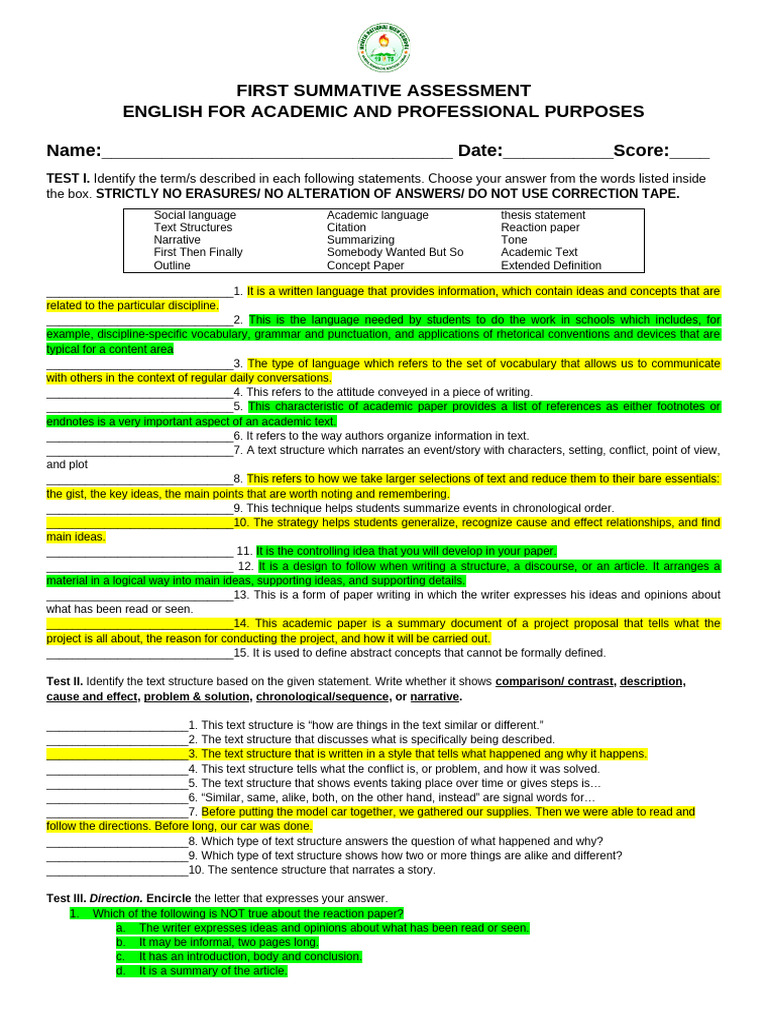 First Summative Assessment Eapp | PDF | Analogy | Concept