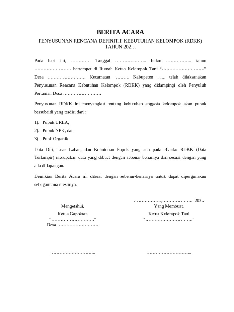 Berita Acara Penyusunan RDKK | PDF