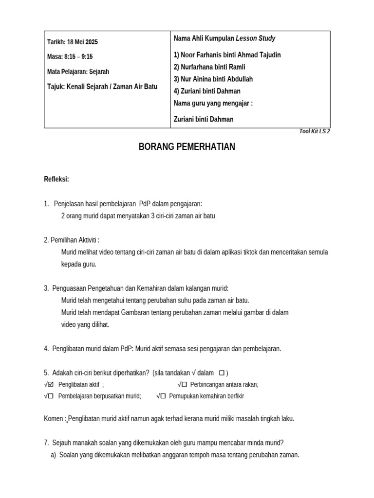 Tool Kit LS 2 - Borang Pemerhatian | PDF