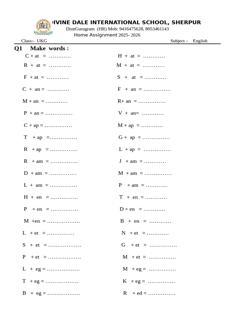 Class - Ukg English Assignment | PDF