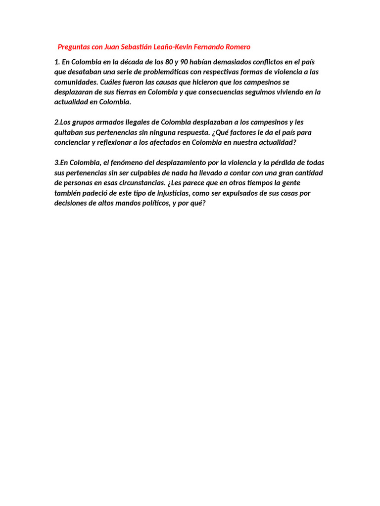 Preguntas Con Juan Sebastián Leaño-Kevin Fernando Romero | PDF