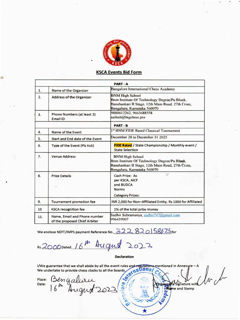 1st BNM FIDE Rated Classical KSCA Bid Form | PDF