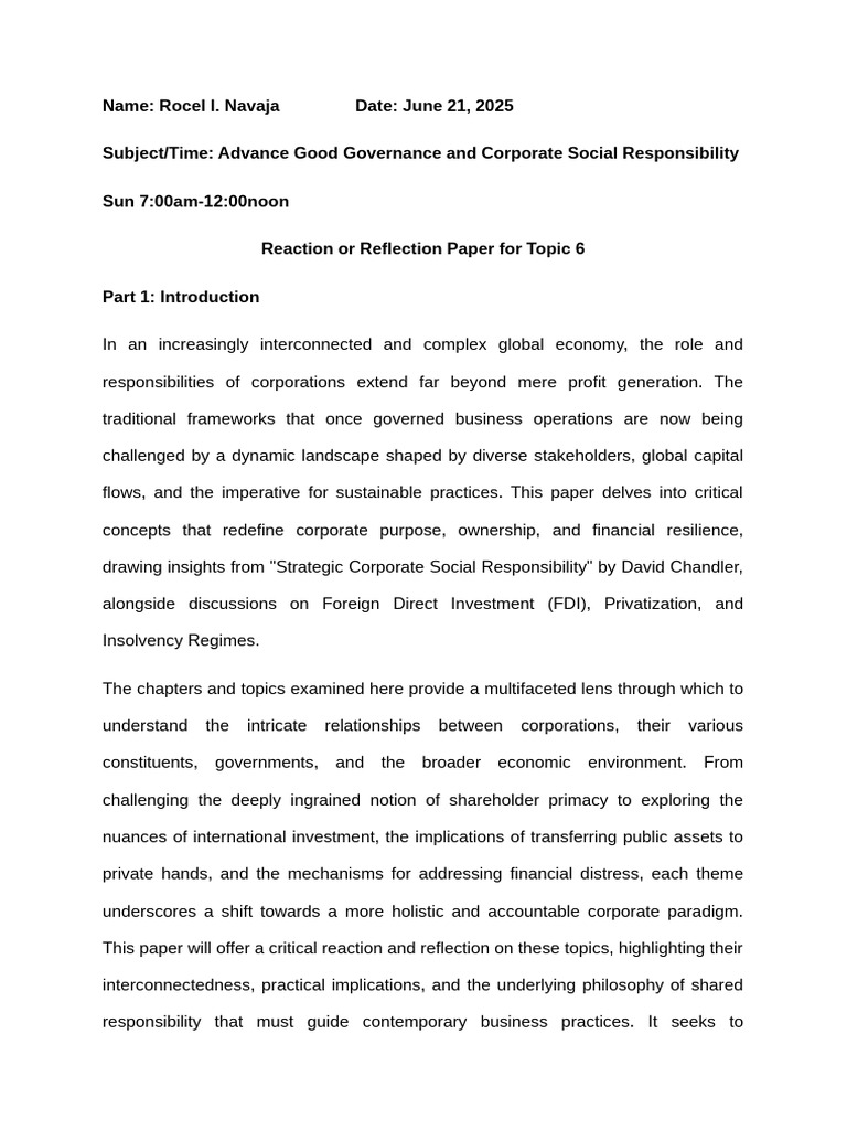 Reaction or Reflection Paper For Topic 6 | PDF | Corporate Social ...