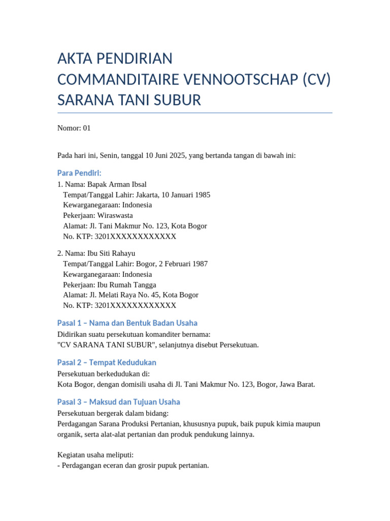 Draft Akta Pendirian CV Sarana Tani Subur | PDF