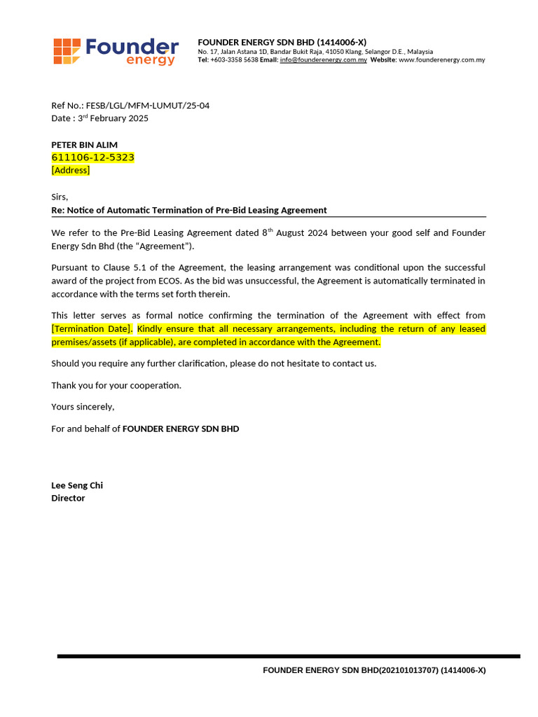 Draft 1 Notification of Contract Termination Kemanis | PDF