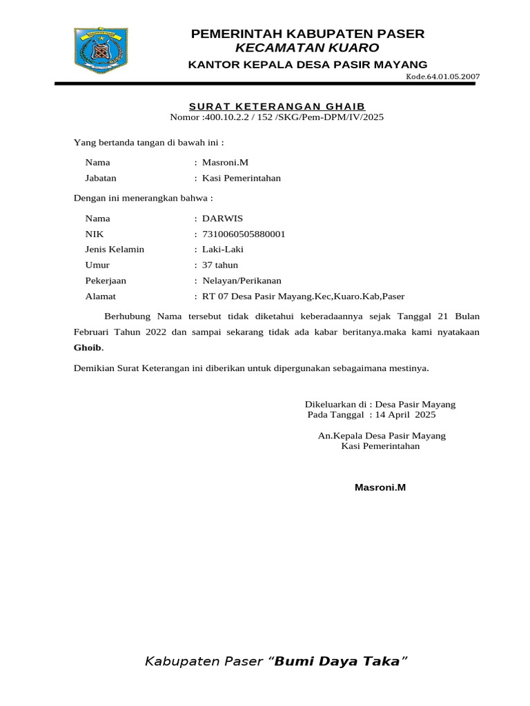 Surat Keterangan Ghaib Darwis | PDF