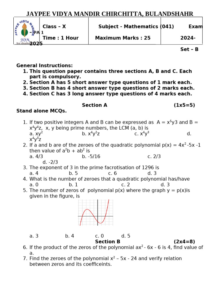 10 Class Maths Pa 1 2024 | PDF