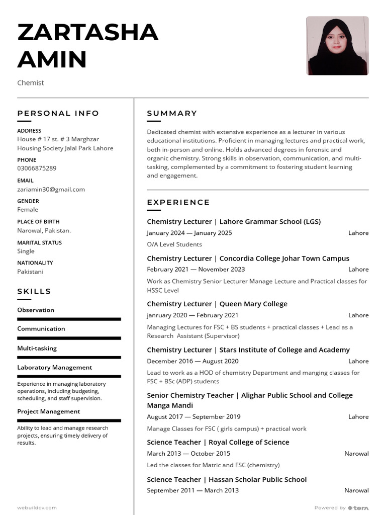 Experienced Female Chemist Resume | PDF | Data | Experiment